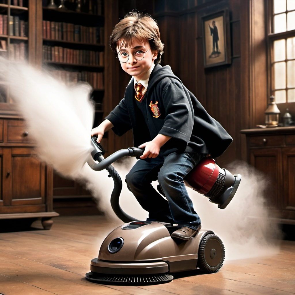 Harry potter riding on a vacuum cleaner . Background...