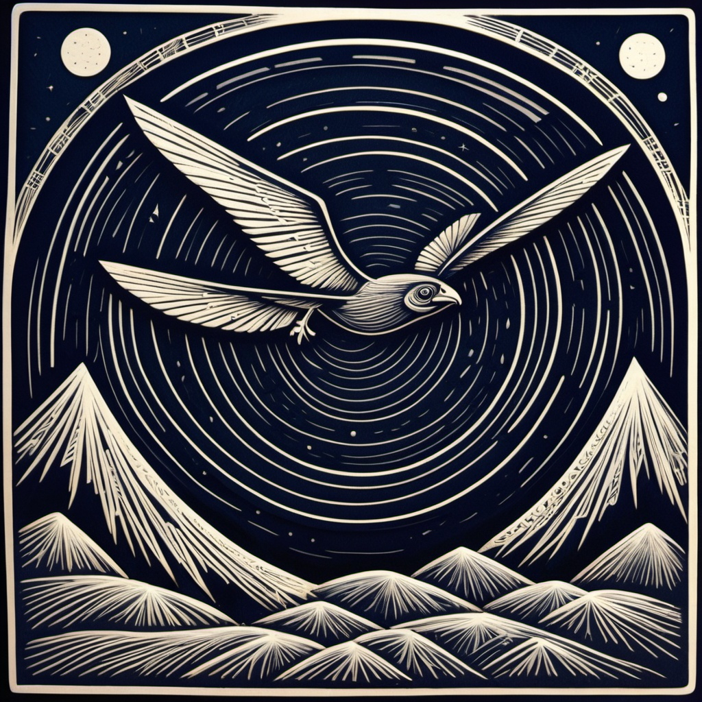 A linocut with a complex carved design with flying...