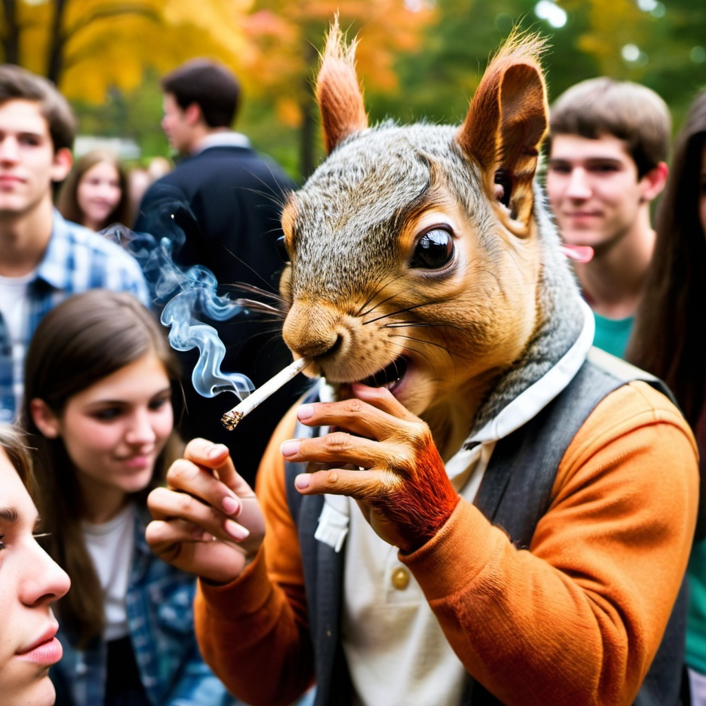 Funny squirrel man smoking a joint at a college party