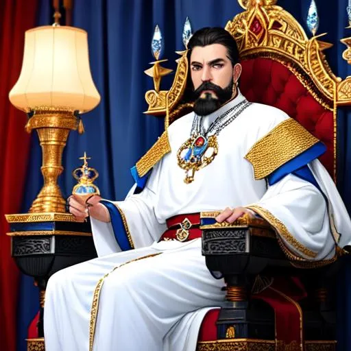 A human king wearing white and blue and red medieval... | OpenArt