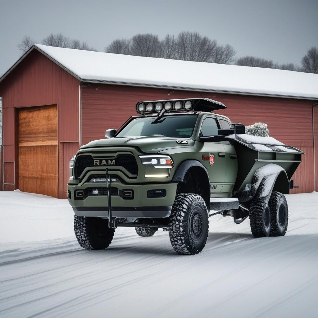 military truck with a ram plow