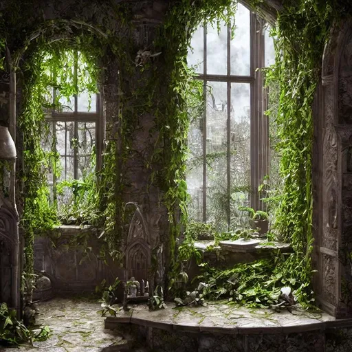 fantasy GOTHIC windowsill with lush plants inside of...