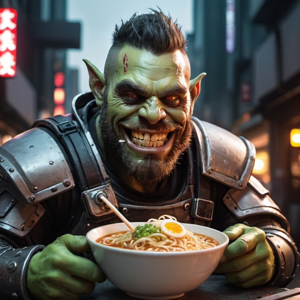 make an image of a grinning tough orc with lit goggl...