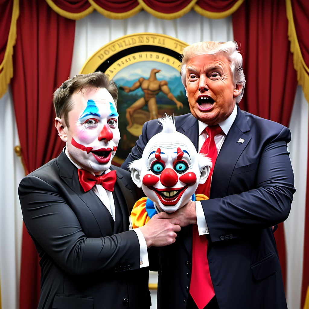 Elon Musk as a clown puppeteering a small Donald Trump.