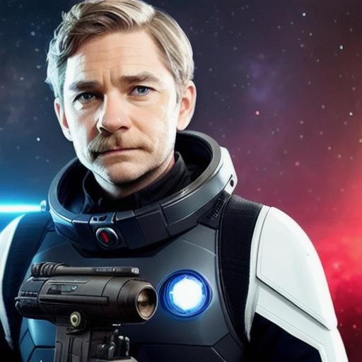 Martin Freeman with a moustache as a sci-fi space so...