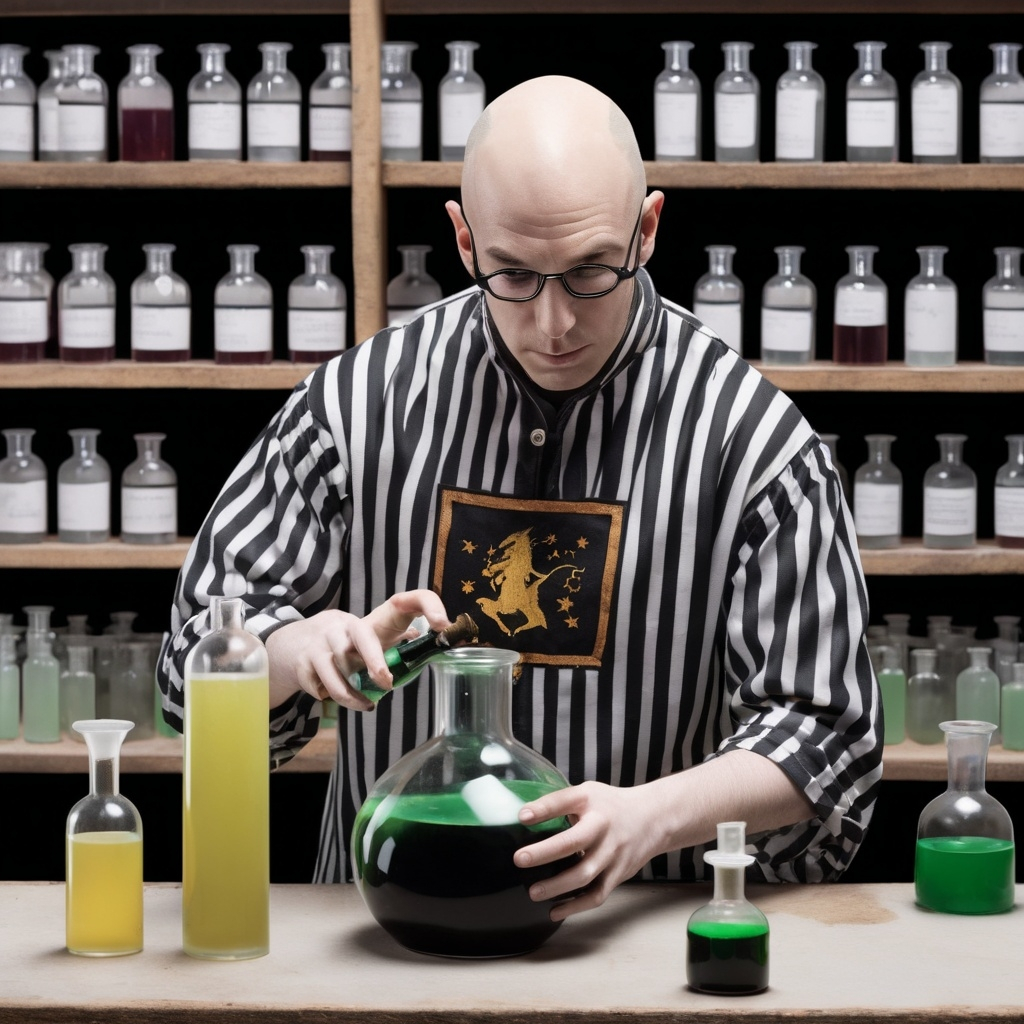 Crate an image of a bald wizard in a black and white...