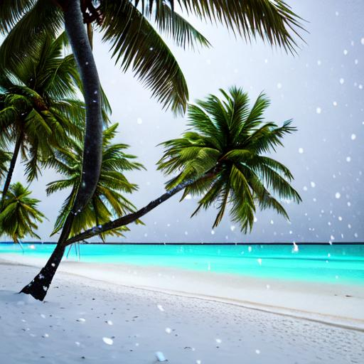 snow falling on coconut palms on a Maldivian beach. | OpenArt