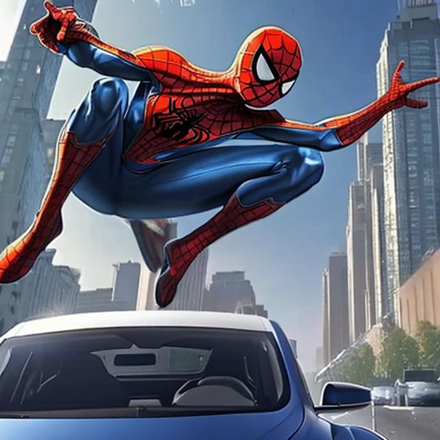 spiderman driving a tesla, inside photo