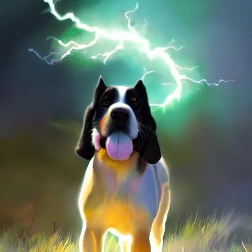 painting of cute dog, dramatic lightening, trendingo... | OpenArt