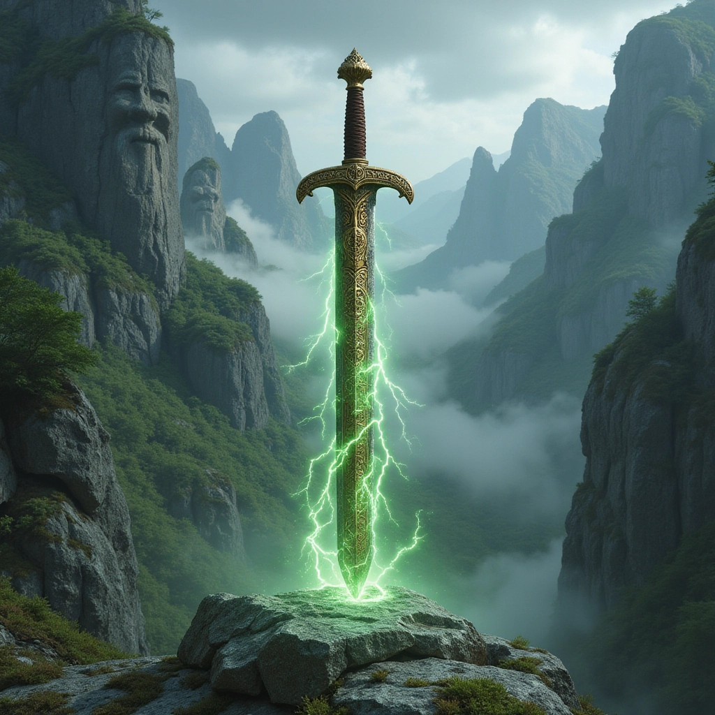 A magnificent ancient sword stands upright, seemingl...