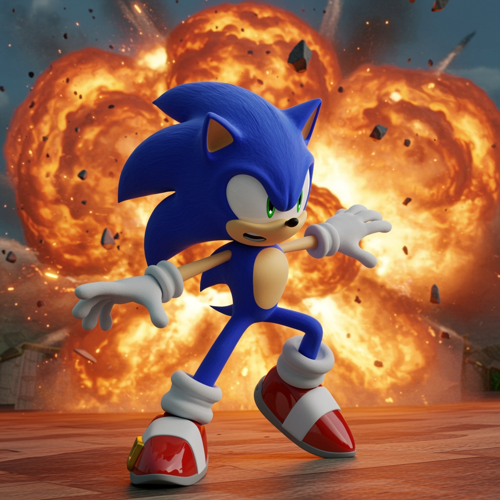 Sonic Doing The Sonic Advenutre pose behind a huge e...