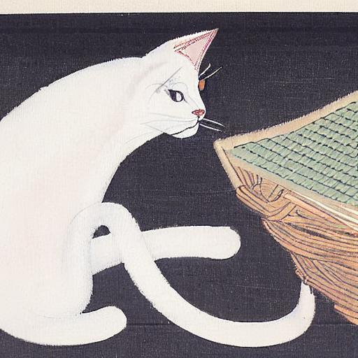 traditional japanese painting, white cat