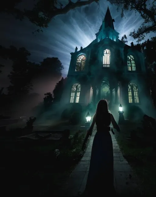 Woman walking towards haunted mansion through cemete...