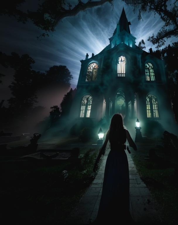 Woman walking towards haunted mansion through cemete...