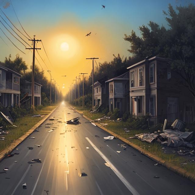 Empty neighborhood with a few street lights and torn... | OpenArt