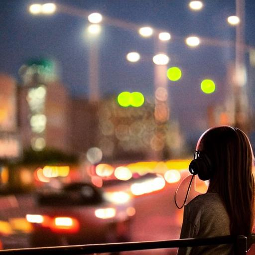 night time, city lights, and a girl listening to music | OpenArt