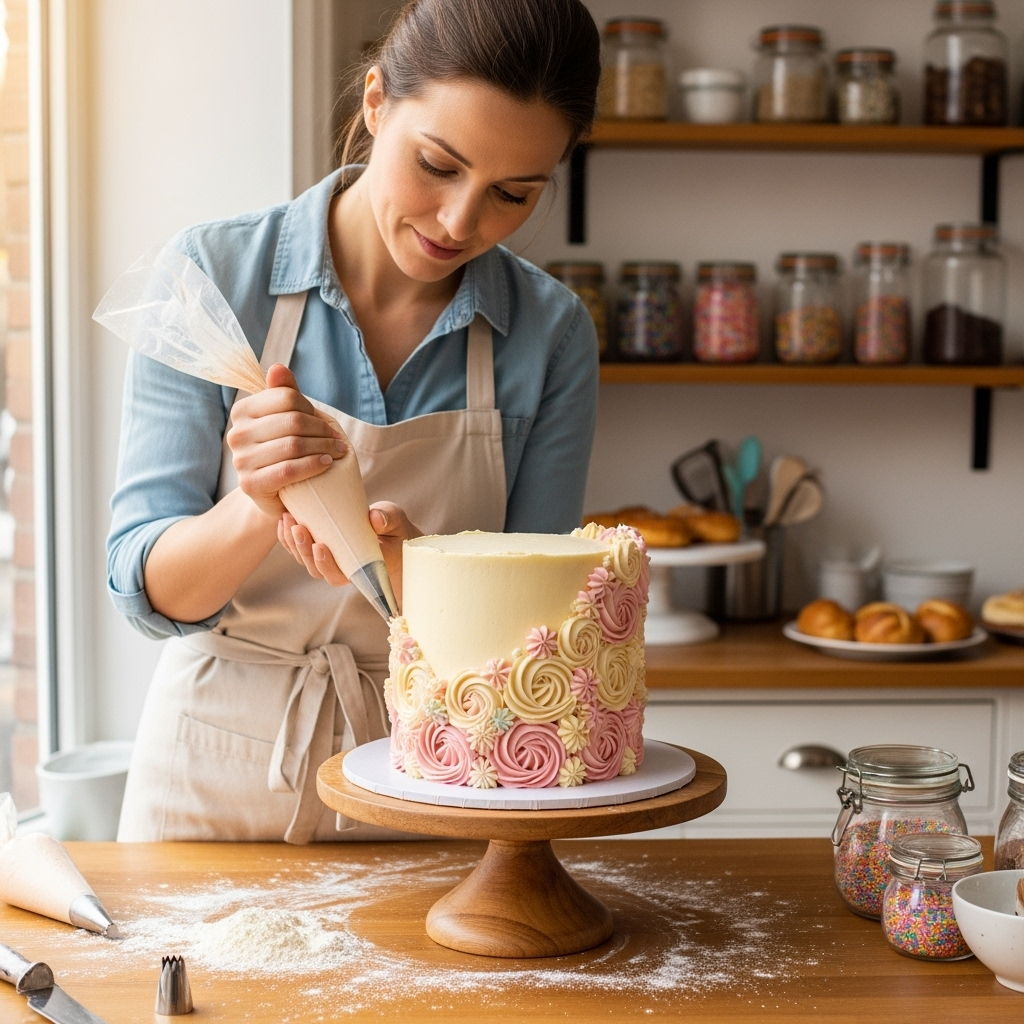 Lifestyle photo of a female baker in a bakery shop u...