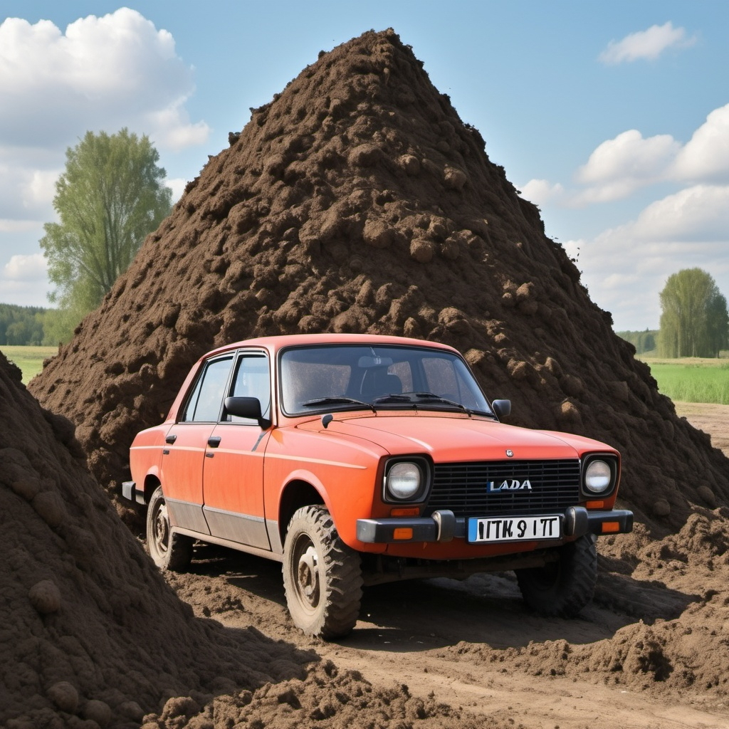 lada next to a oversized muck heap in comicstyle