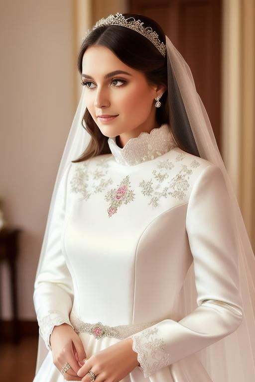 A wedding dress, white lace and satin, Slavic style...