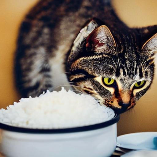 a cat eating a bowl of steamed white rice | OpenArt