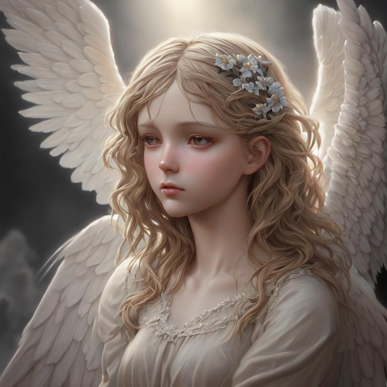 Hyperrealistic painting of an angel daytime, somber,...