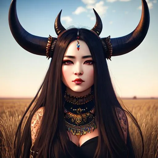 Portrait of demon girl with glossy black hair and go... | OpenArt