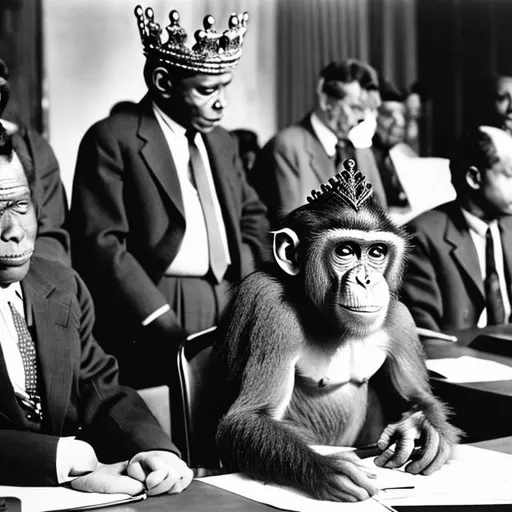A Monkey wearing a suite and crown and sitting in co...