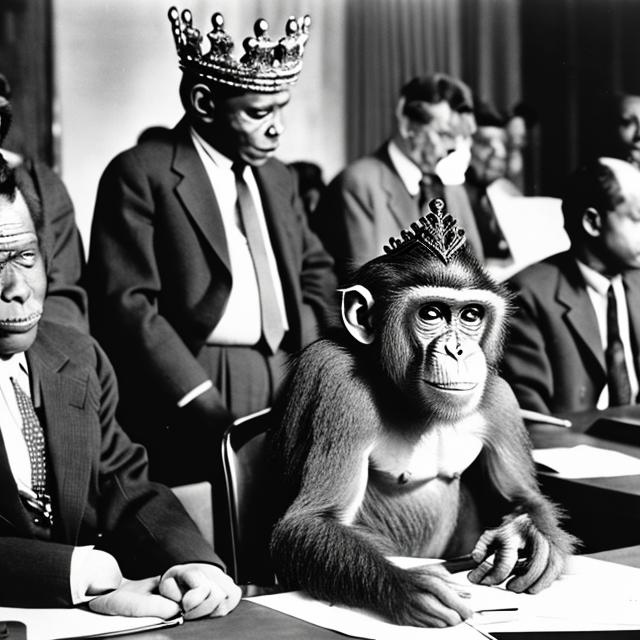 A Monkey wearing a suite and crown and sitting in co...