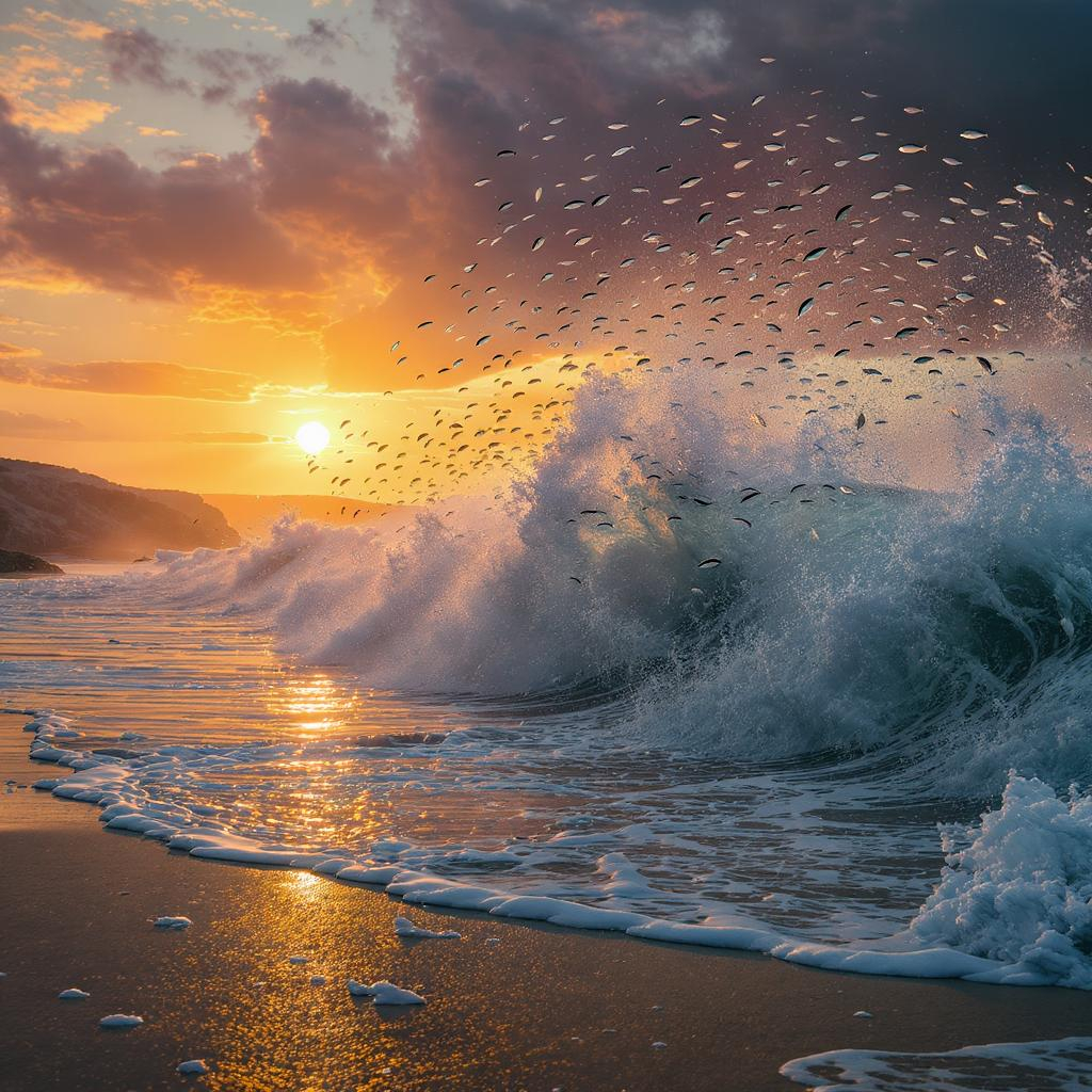 A dramatic ocean shoreline at dawn with countless fi...