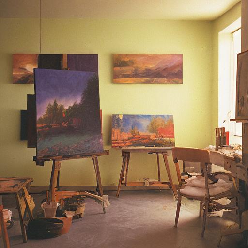 A painting of a painter's workshop with paints and b... | OpenArt