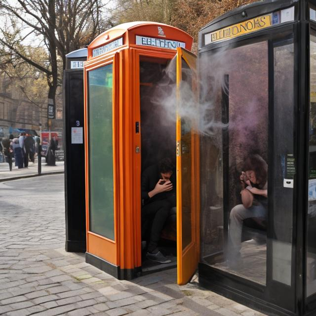 a phone booth turned into a smoking place for stoners