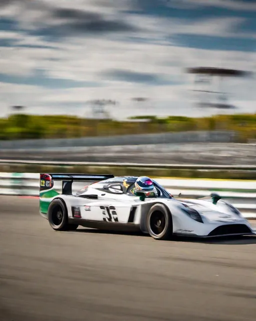Low angled panning shot of sleek race cars speeding...