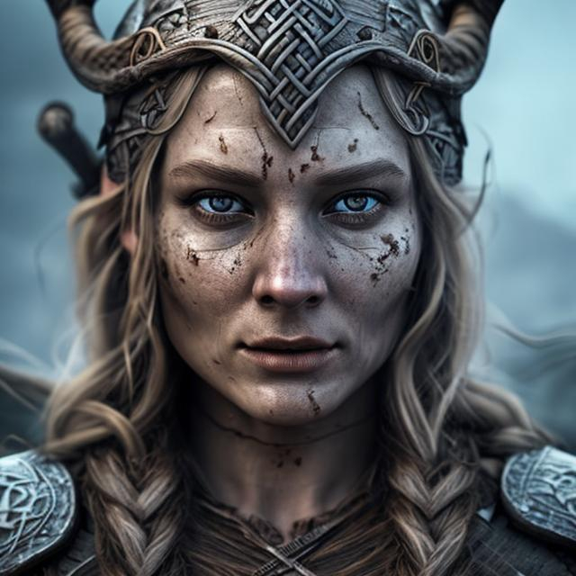 Beautiful Viking queen detailed face full body hyper...