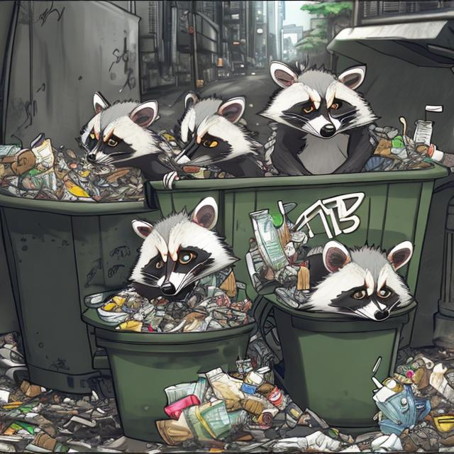 Racoons raiding a trash can, Anime style, high detail | OpenArt