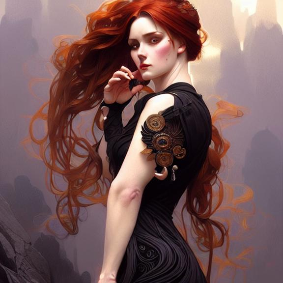 apate, goddess of Trickery, auburn hair, black dress... | OpenArt