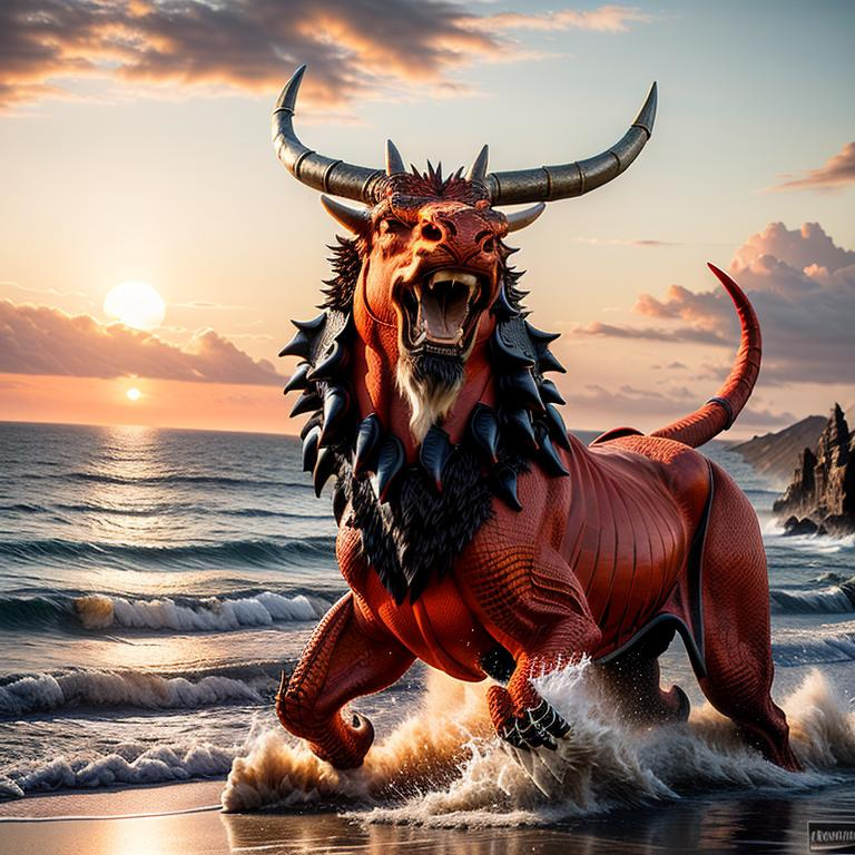 battle dragon with a bulls head roaring at the sun...