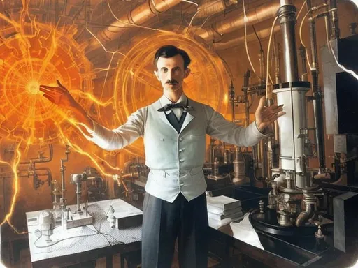Nikola tesla in his laboratory he has plans at the b...