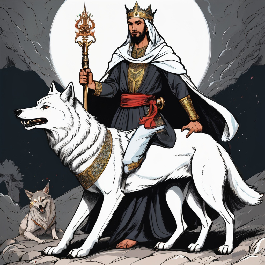 A Muslim king slaying demons with his pet wolf white