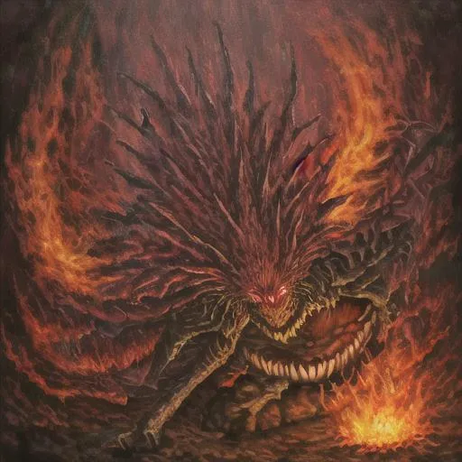 anime monster on fire in crypt dungeon wallpaper 108... | OpenArt