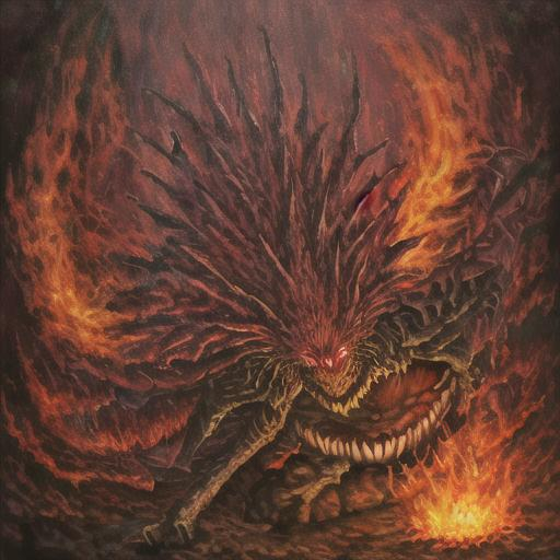 anime monster on fire in crypt dungeon wallpaper 108... | OpenArt