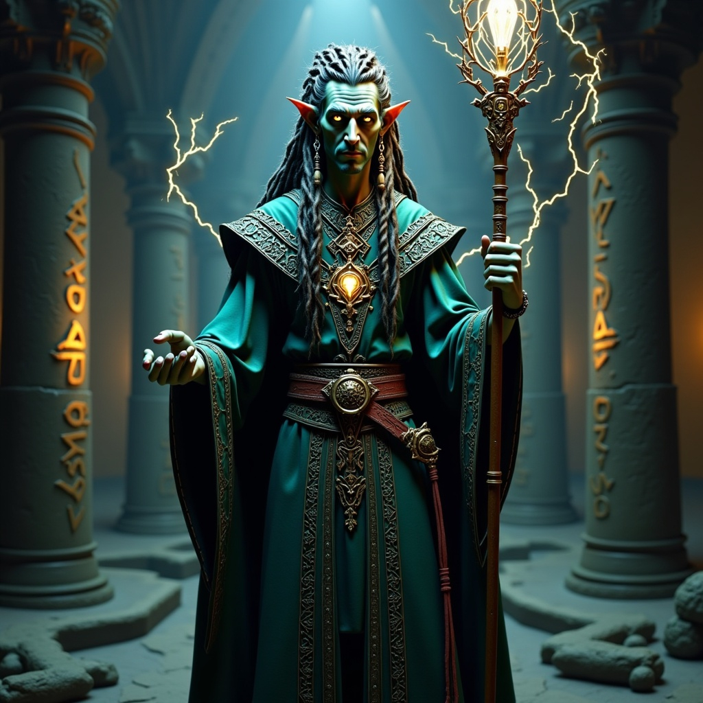 @dp7KsNDzL5TSRb8h0Xp3 A dark elf wizard with intrica...