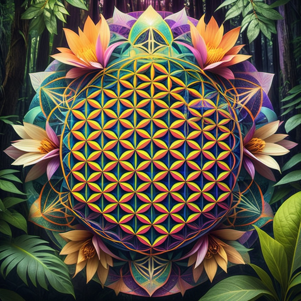 Flower of life sacred geometry in a psychedelic jungle