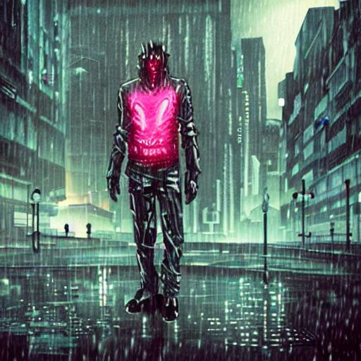 Cyberpunk demon, rainy weather.