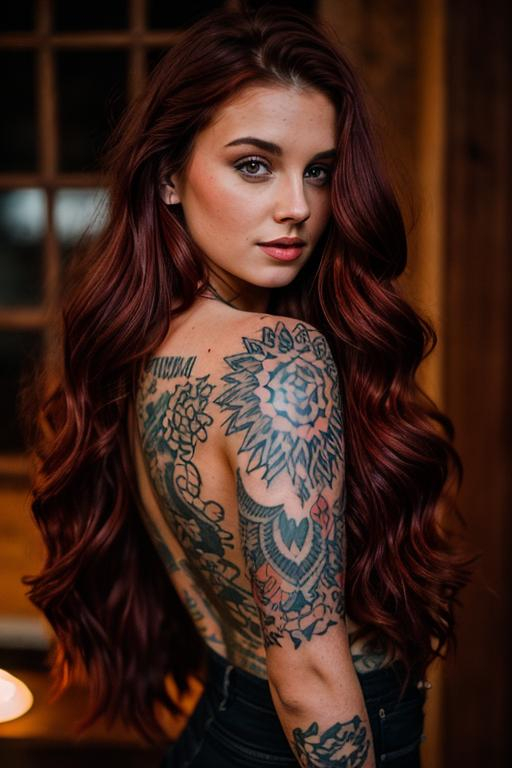 Dark red hair, long hair, beautiful, tattooed, femal...