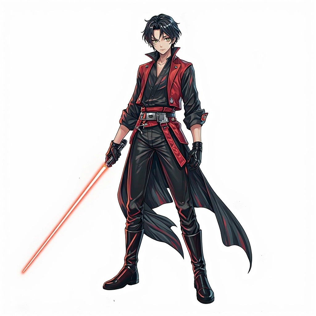 A male anime young jedi prince with black hair gree...