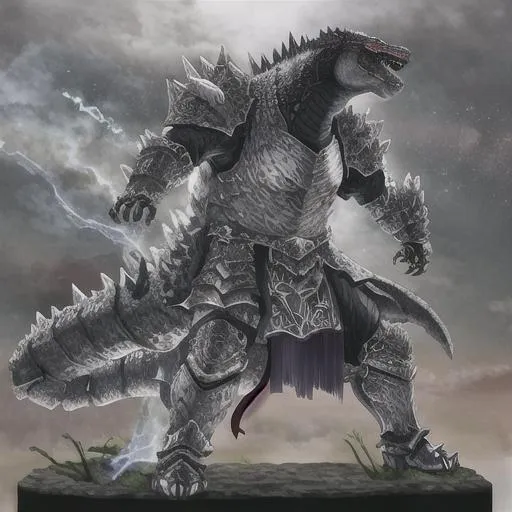 godzilla silver artisan in runic plate armour, large... | OpenArt
