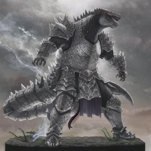godzilla silver artisan in runic plate armour, large... | OpenArt