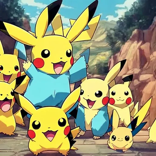 Pikachu being a king while all the other Pokémon bow... | OpenArt