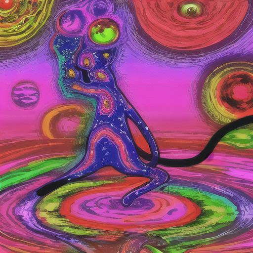 a psychedelic cat tripping on lsd surrounded by planets