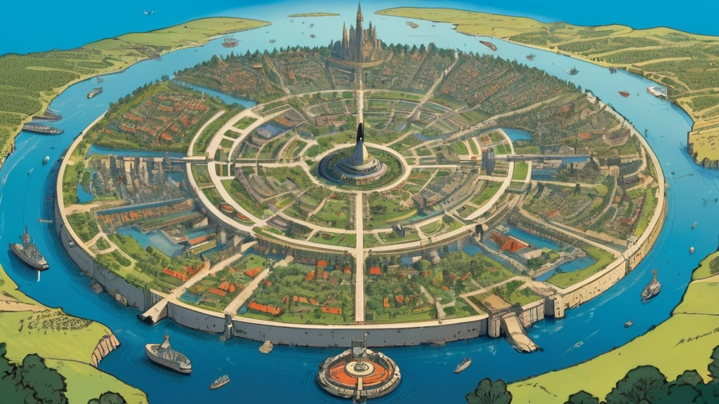 a bird's eye view of an ultra futuristic citadel cit...